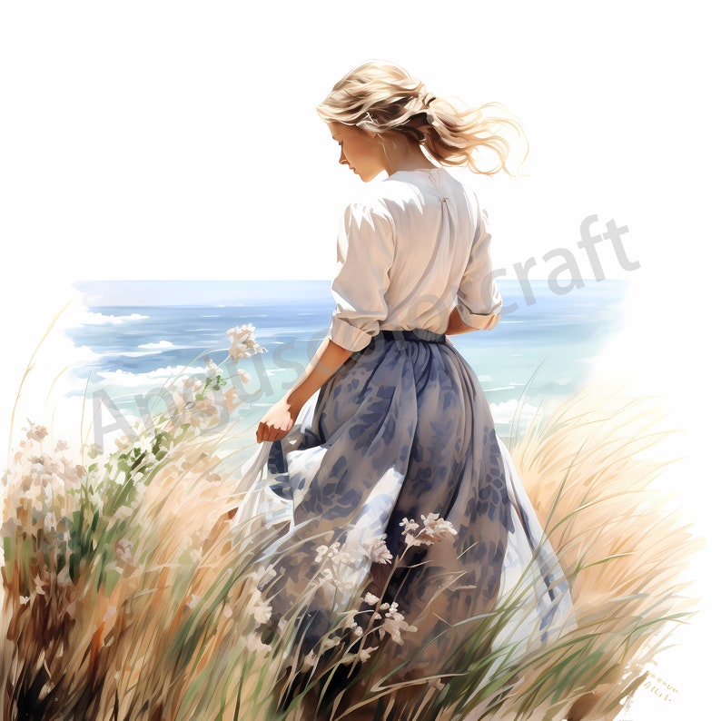 18 Watercolor Spring Clipart, Spring Girl at Seaside Clipart, Vintage ...