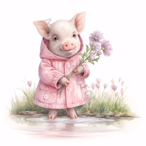 15 Jpgs Cute Whimsical Raincoat Piggy Clipart, Cute Pig Clip Art ...