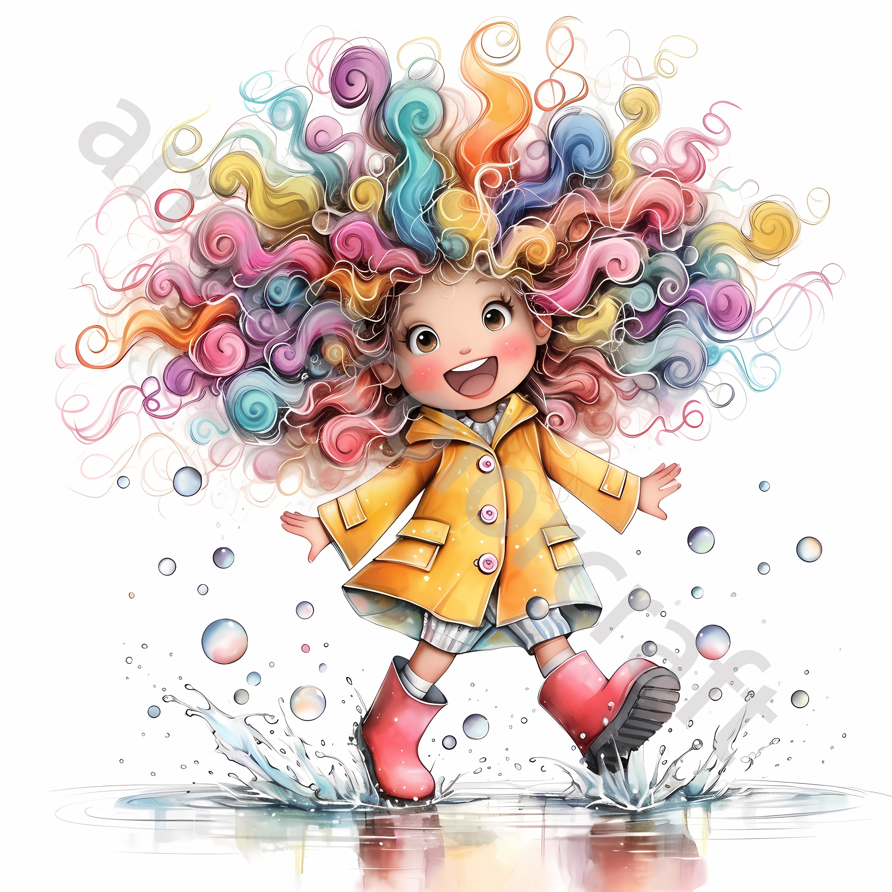 Little Girl Jumping in Puddles Clip Art Kit 10 High Res Watercolor Jpgs ...