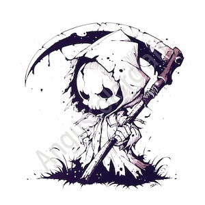 12 Cute Grim Reaper JPG, Black and White Clipart, Spooky Reaper ...