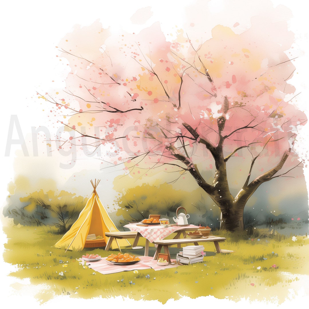 Watercolor Spring Picnic Clipart- 21 High Quality Jpgs - Spring Scenery ...