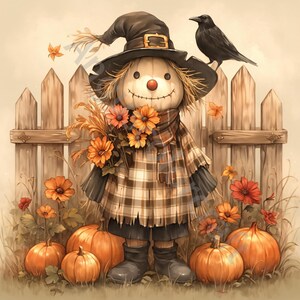 Whimsical Scarecrow in Pumpkin Patch Clip Art 10 High Res Watercolor ...