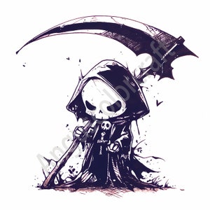 12 Cute Grim Reaper JPG, Black and White Clipart, Spooky Reaper ...