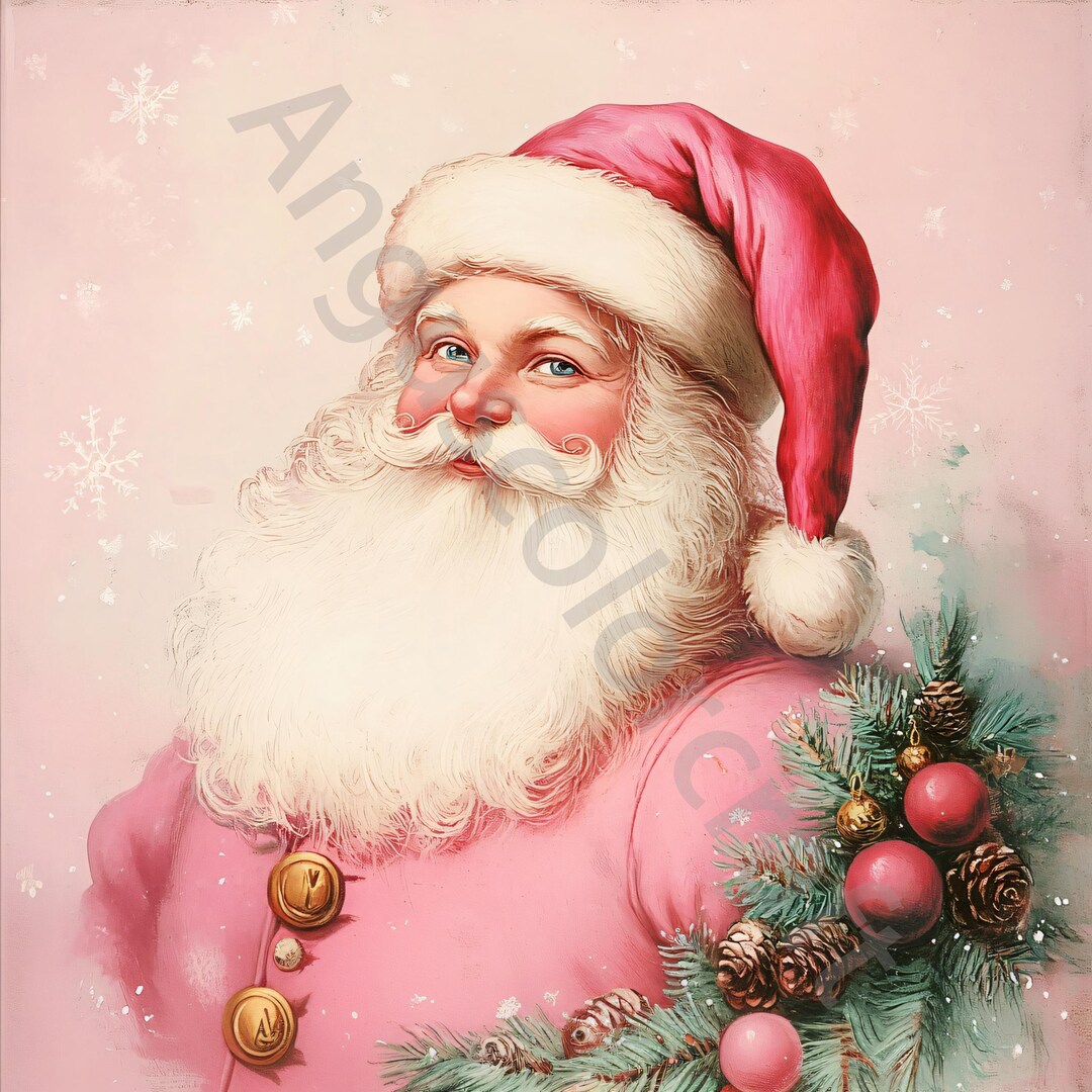 Vintage Pink Santa Claus Clipart Bundle 10 High Res Watercolor Jpgs ...