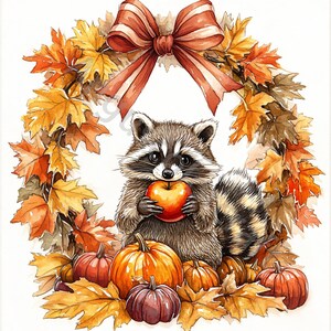 10 JPG Pumpkin Raccoon Clipart, Autumn Wreath, Commercial Use ...