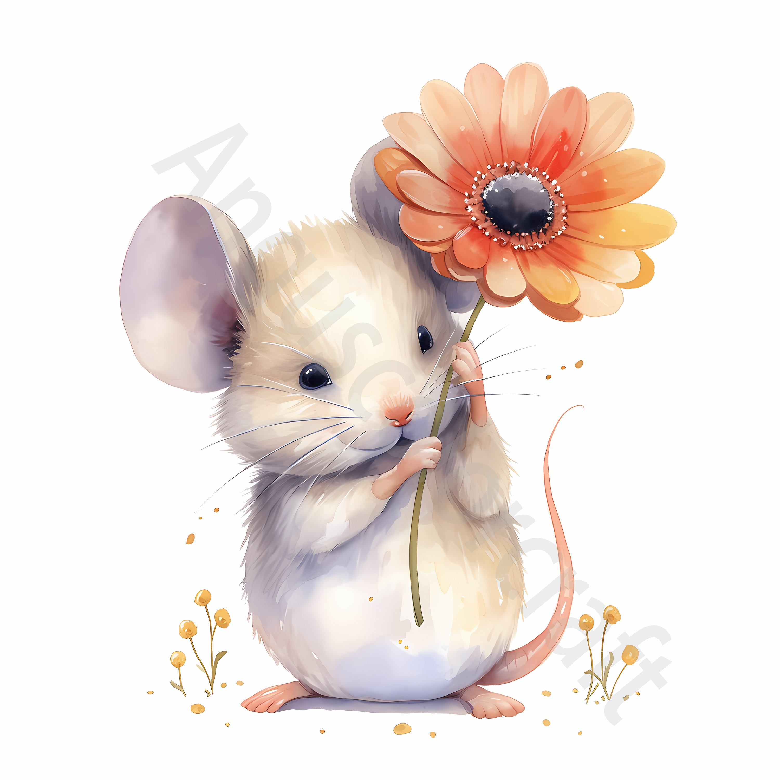 Watercolor Mouse and Flower Clipart 20 High Quality Jpgs, Digital Paper ...