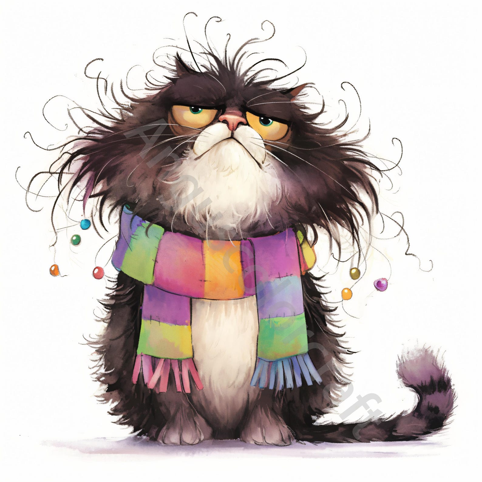 10 JPG Quirky Messy Hair Cat Clip Art, Watercolor Kitten, Junk ...