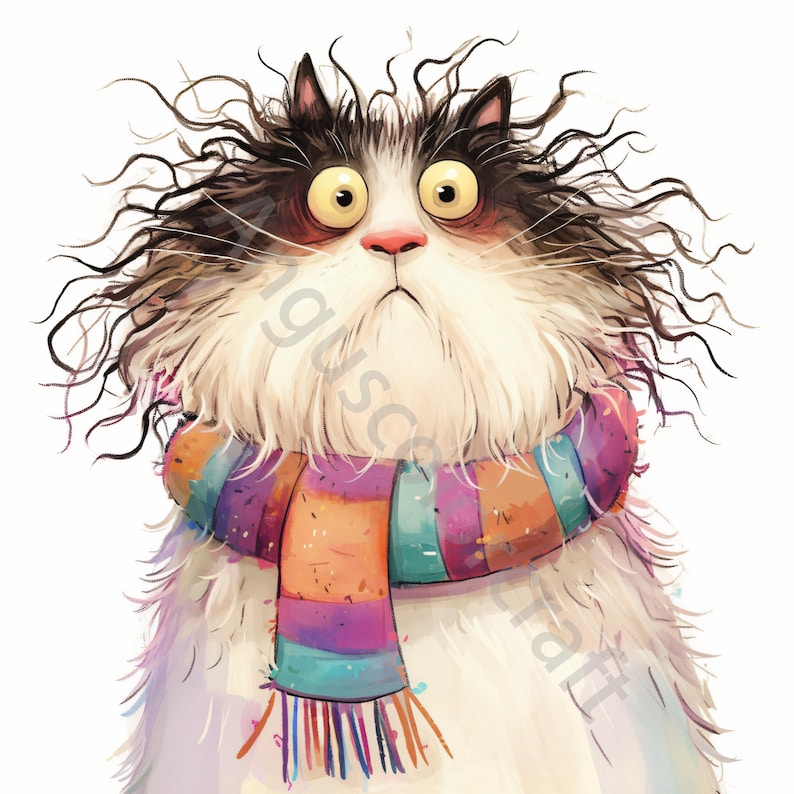 10 JPG Quirky Messy Hair Cat Clip Art, Watercolor Kitten, Junk ...