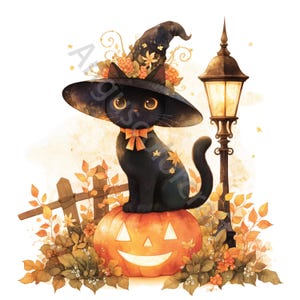 12 JPG Watercolor Halloween Black Cat Clipart Bundle Cute Cat Clipart ...