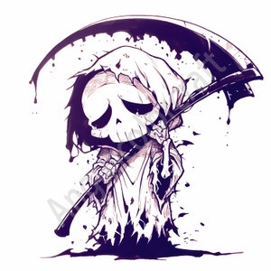 12 Cute Grim Reaper JPG, Black and White Clipart, Spooky Reaper ...