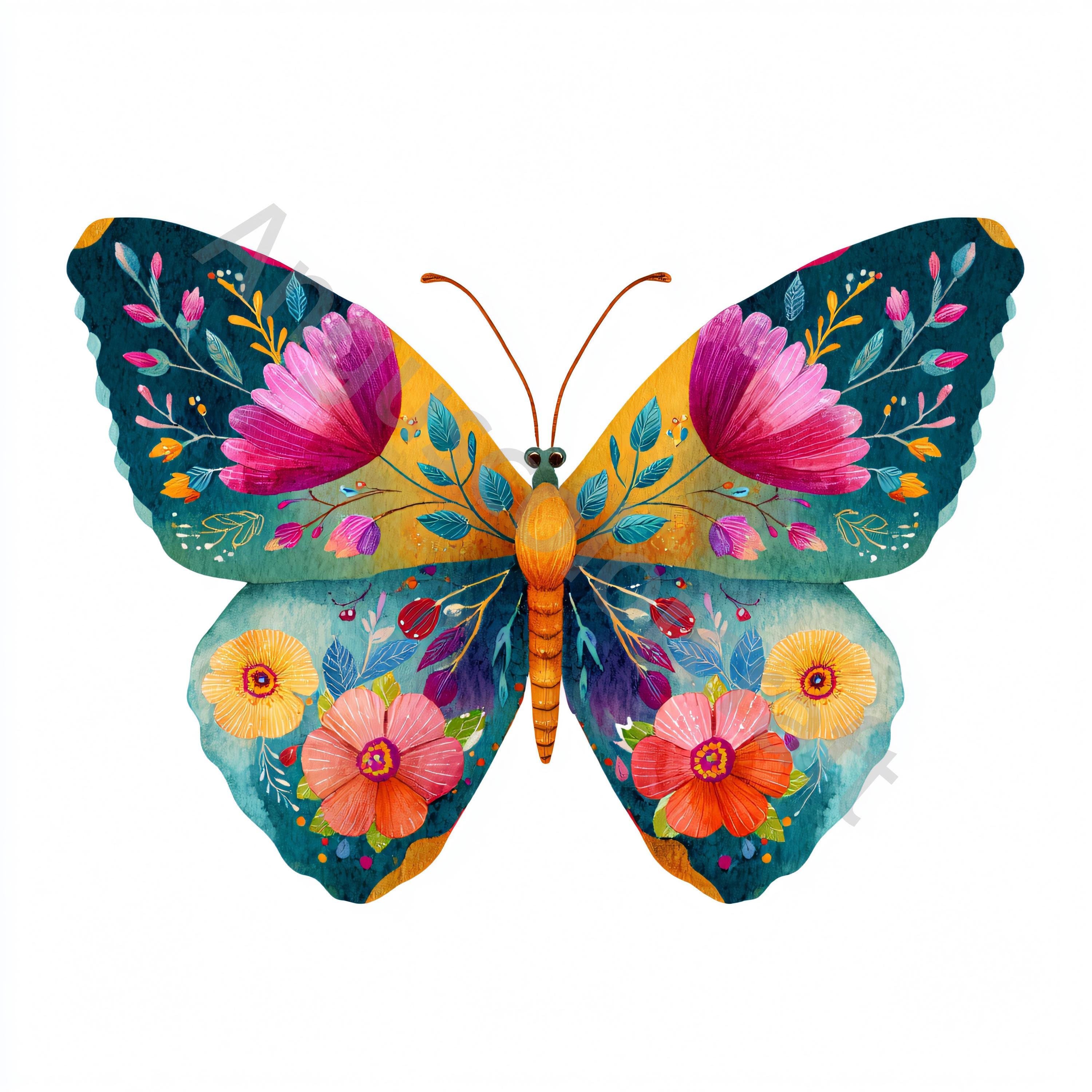 10 JPG Flowers Butterfly Clip Art, Watercolor Clipart, Junk Journal ...