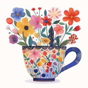 10 Cute Whimsical Cup of Flower Clip Art, Flowers Clipart, High Res JPG ...