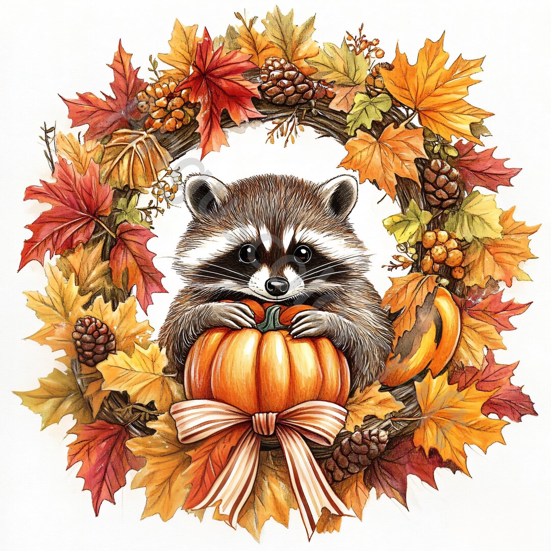 10 JPG Pumpkin Raccoon Clipart, Autumn Wreath, Commercial Use ...
