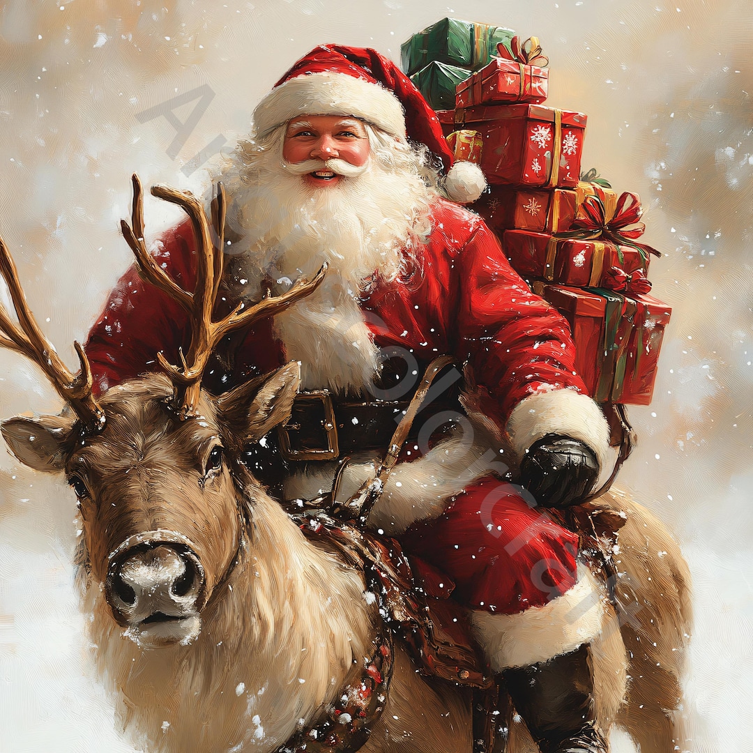 Vintage Santa With Reindeer Clipart Bundle 10 High Res Watercolor JPG ...