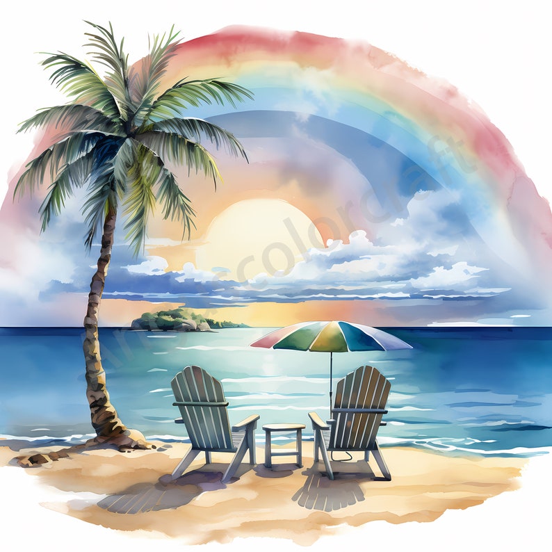 15 Watercolor Tropical Beach Clipart, Summer Beach Clip Art, Vacation ...