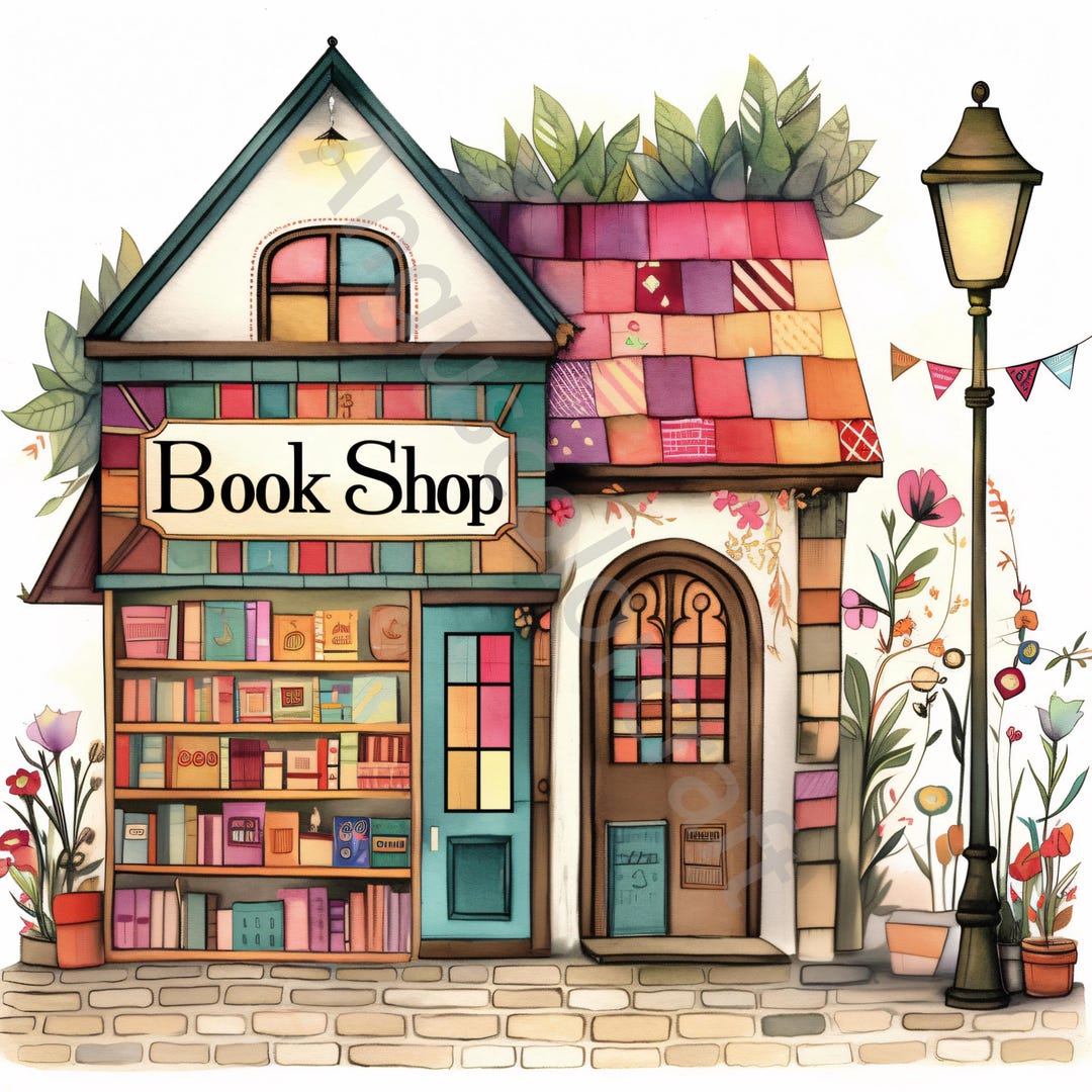 12 Quirky Book Shop Clip Art, Watercolor Clipart JPG, Junk Journaling ...