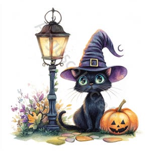 12 JPG Watercolor Halloween Black Cat Clipart Bundle Cute Cat Clipart ...