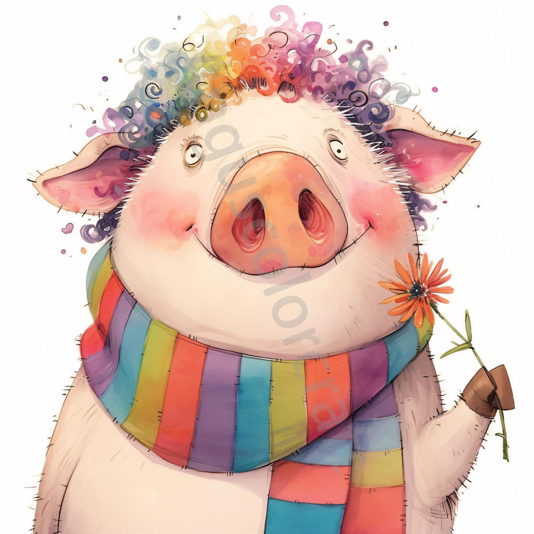 10 Funny Whimsical Piggy Clip Art, Quirky Pig With Flower Clipart, JPG ...