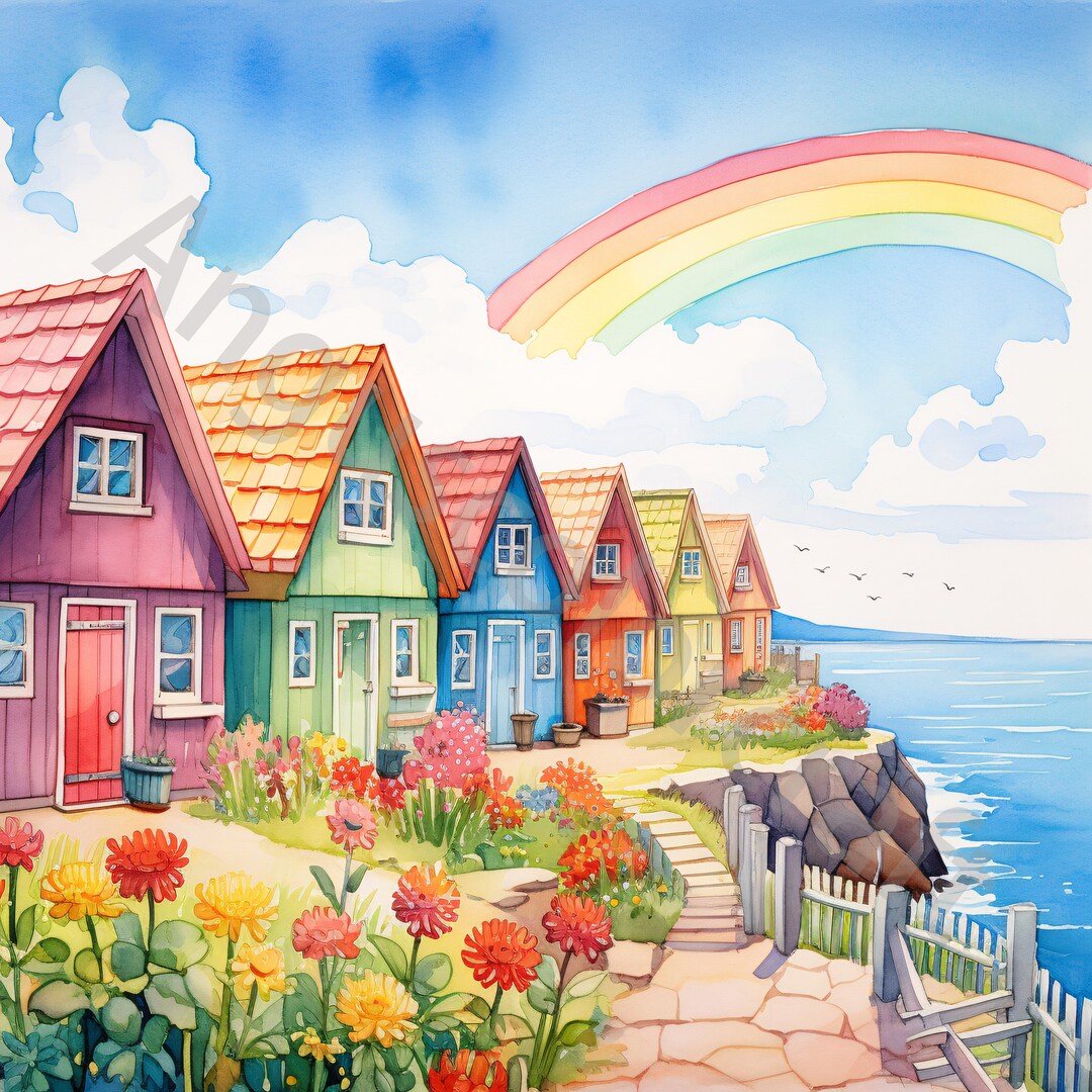 Whimsical Seaside Rainbow Cottages Clip Art Bundle 12 High Res ...