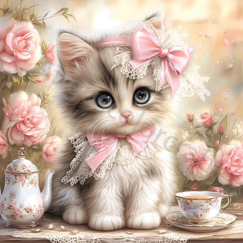 Cute Cat, Shabby Chic Kitten With Bubbles Clip Art 10 Watercolor Jpgs ...
