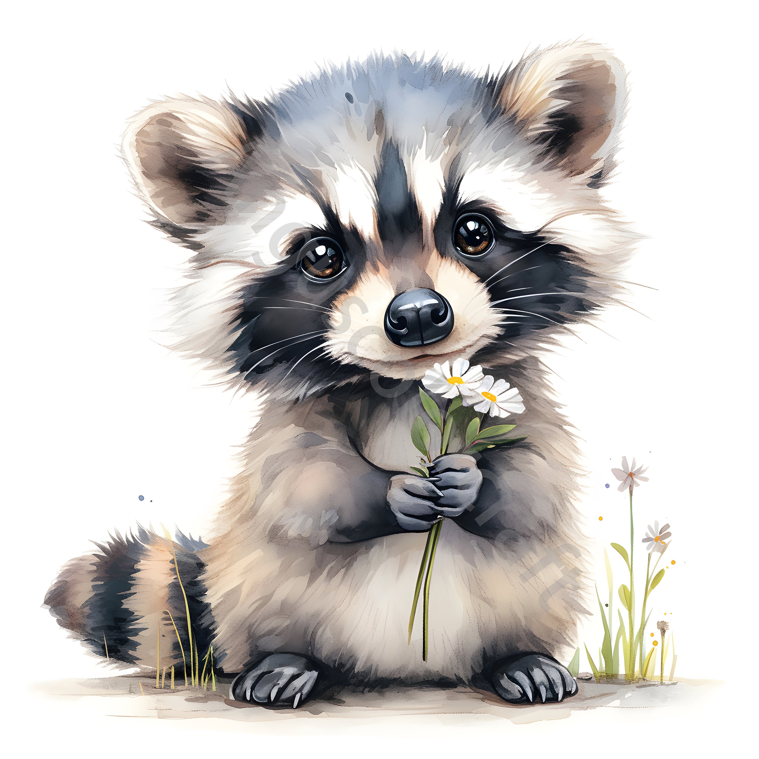 Cute Raccoon With Flower Clip Art 15 High Res Watercolor Cliipart Jpgs ...