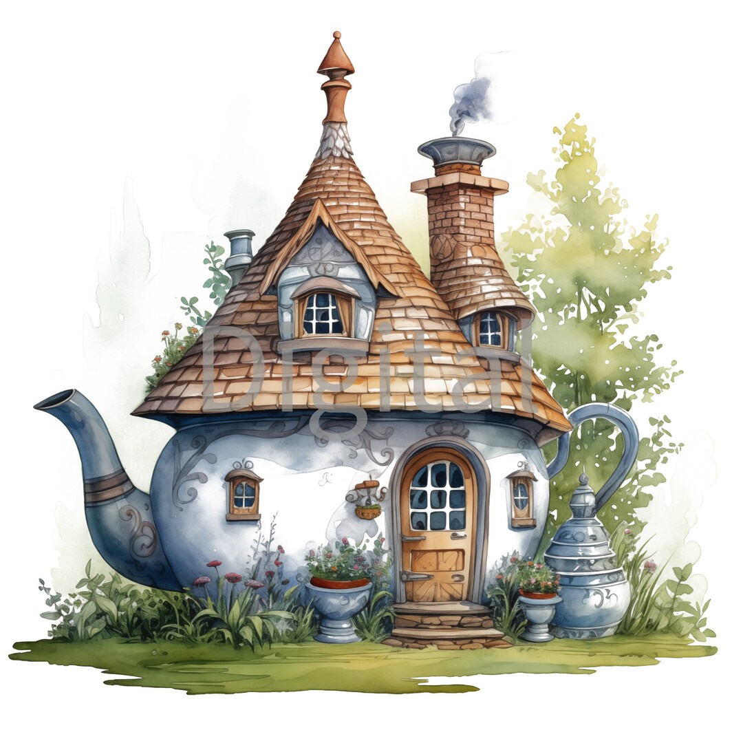 Whimsical Teapot House Clip Art 15 High Res Watercolor Jpgs for Junk ...