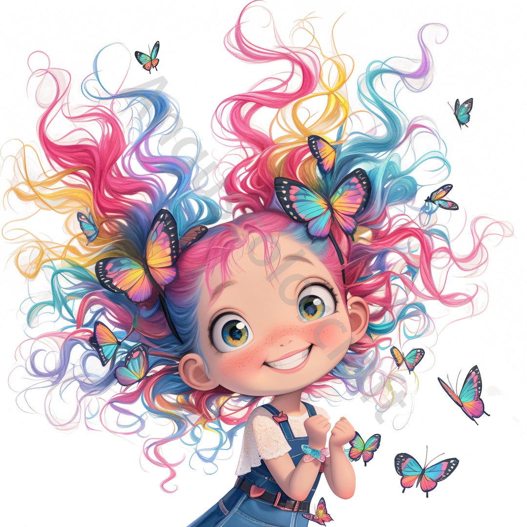 Quirky Little Girl With Butterfly Clip Art 13 High Res Watercolor Jpgs ...