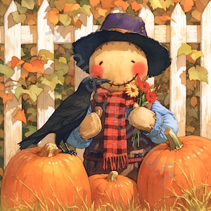 Whimsical Scarecrow in Pumpkin Patch Clip Art 10 High Res Watercolor ...