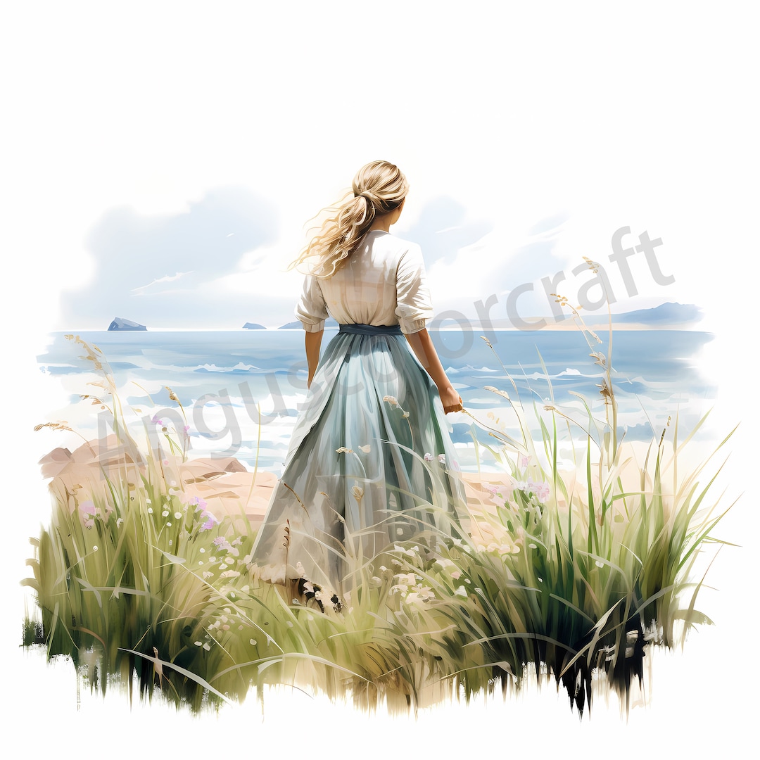 18 Watercolor Spring Clipart, Spring Girl at Seaside Clipart, Vintage ...