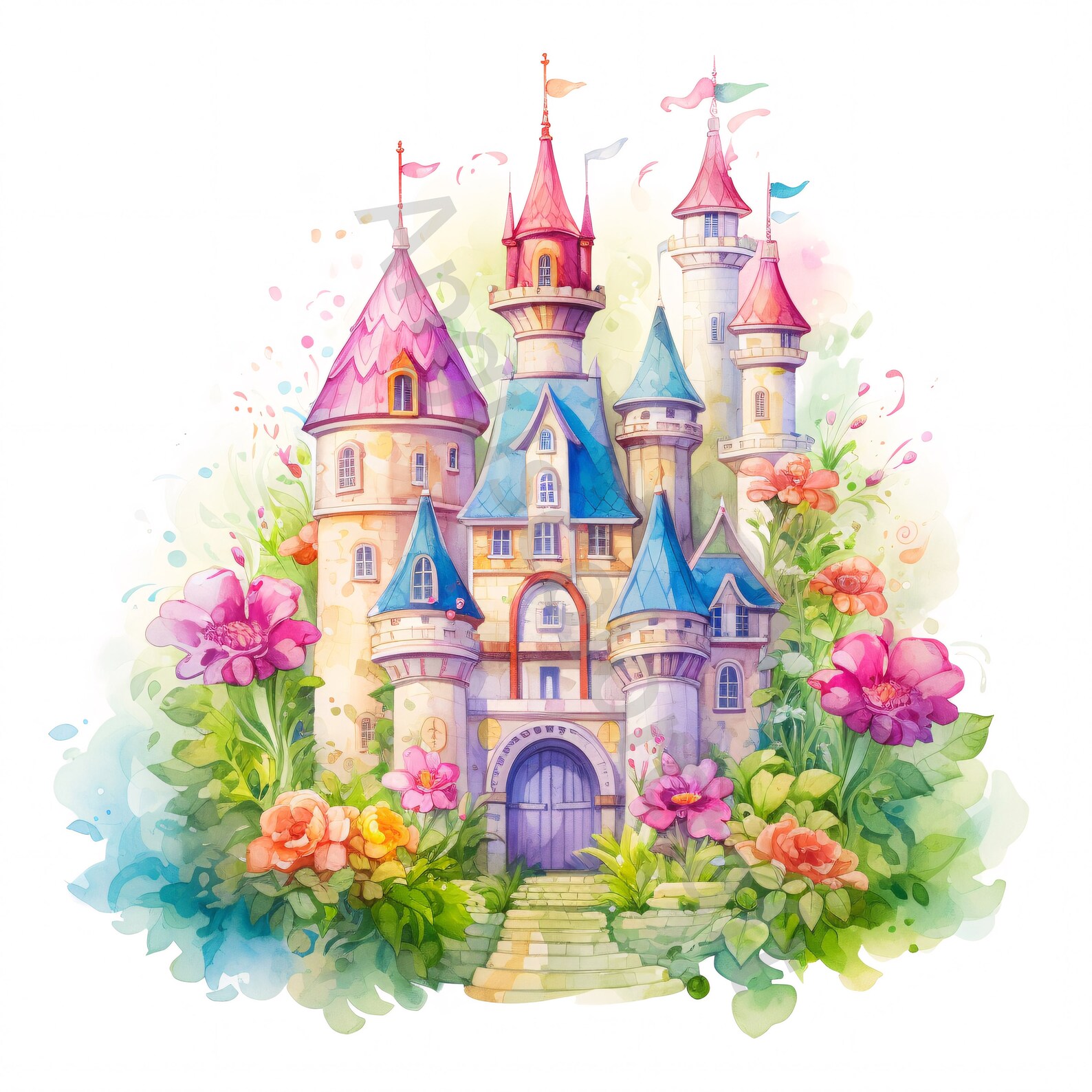 13 Whimsical Princess Castle Clip Art, Printable Watercolor Clipart ...