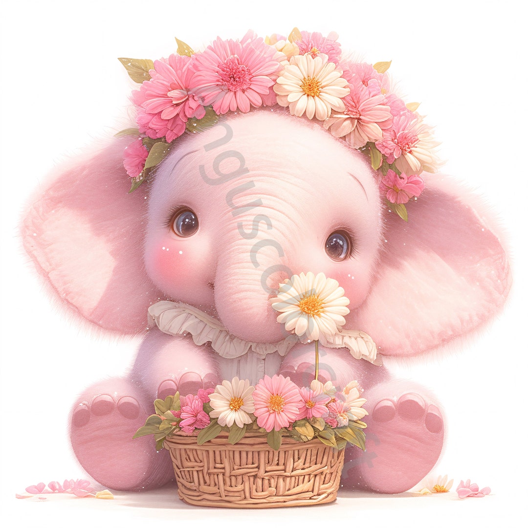 13 Flower Baby Elephant Clipart, Commercial Use, Whimsical Ephemera ...