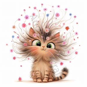 12 Frazzled Flower Cat Clip Art, Watercolor Clipart JPG, Junk ...