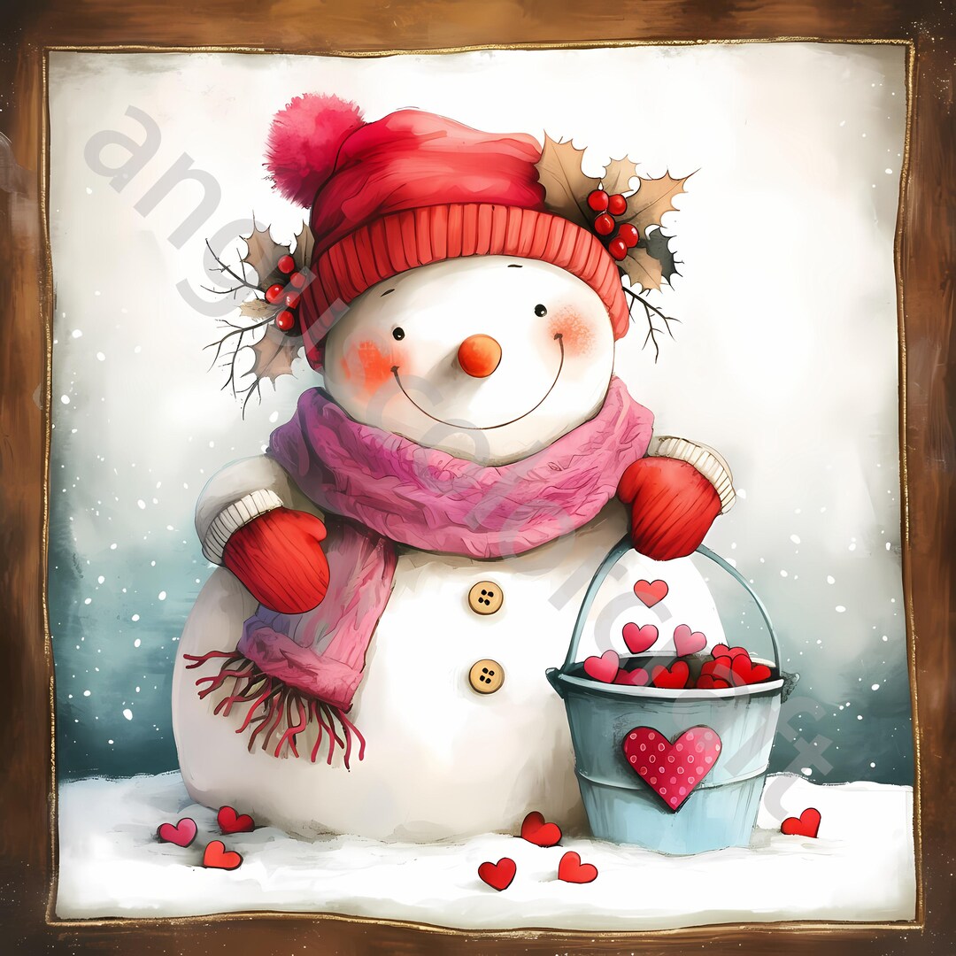 Valentine’s Day Snowman Clip Art, 10 Watercolor Clipart JPG, Commercial ...