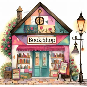 12 Quirky Book Shop Clip Art, Watercolor Clipart JPG, Junk Journaling ...