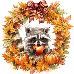 10 JPG Pumpkin Raccoon Clipart, Autumn Wreath, Commercial Use ...