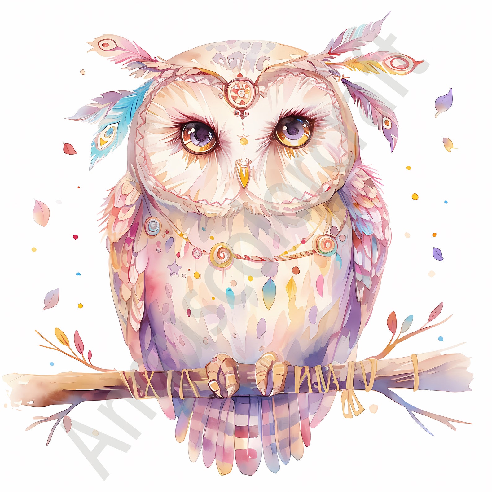 18 Watercolor Boho Owl Clipart, JPG Instant Download File, Digital ...