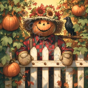 Whimsical Scarecrow in Pumpkin Patch Clip Art 10 High Res Watercolor ...