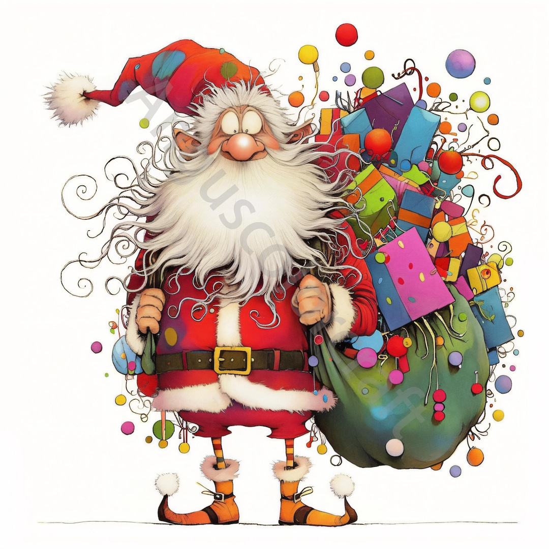 Quirky Santa With Gift Clipart Bundle 10 High Res Watercolor Jpgs for ...