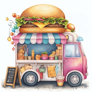 12 Hamburger Truck Clip Art, Watercolor Clipart JPG, Junk Journaling ...