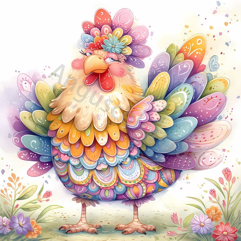 12 Chicken Clipart, Calico Chickens Clip Art Kit 10 High Res Watercolor ...