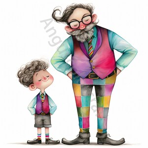 10 Quirky Dad and Kid Clip Art, Watercolor JPG, Junk Journal, Scrapbook ...