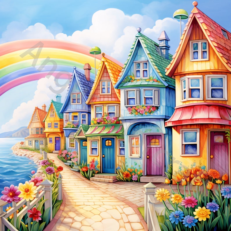 Whimsical Seaside Rainbow Cottages Clip Art Bundle 12 High Res ...