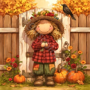 Whimsical Scarecrow in Pumpkin Patch Clip Art 10 High Res Watercolor ...