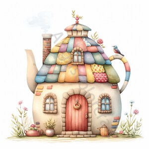 Whimsical Colorful Teapot House Clip Art 12 High Res Watercolor Jpgs ...