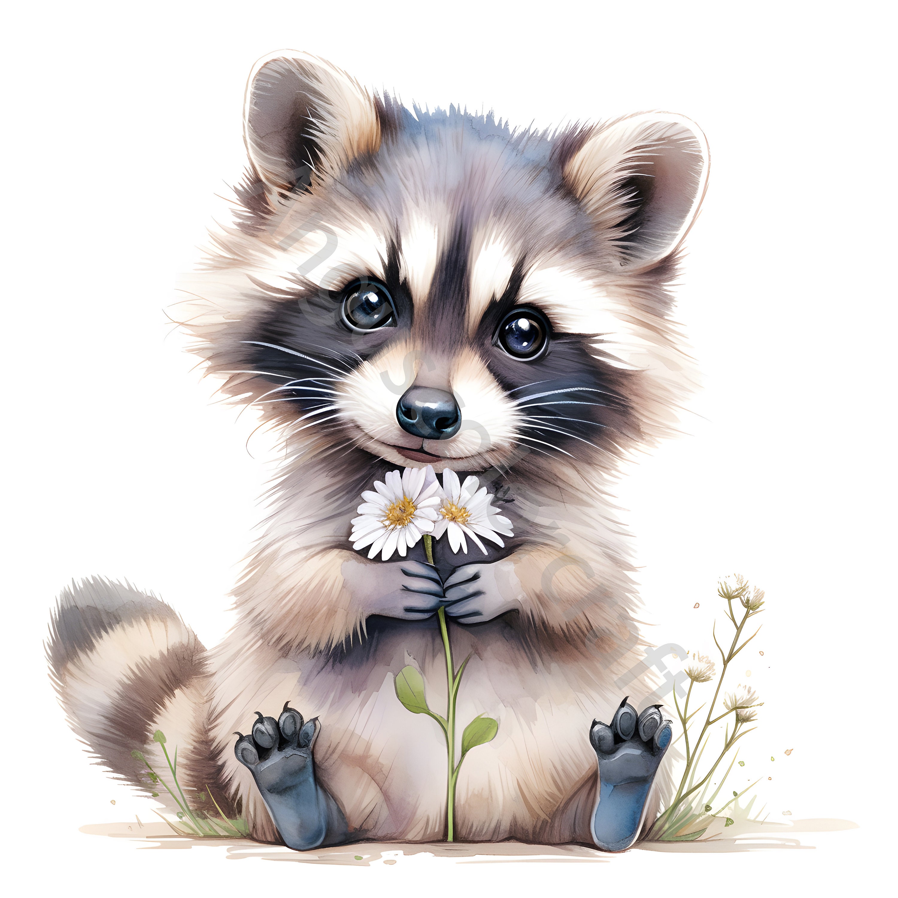 Cute Raccoon With Flower Clip Art 15 High Res Watercolor Cliipart Jpgs ...