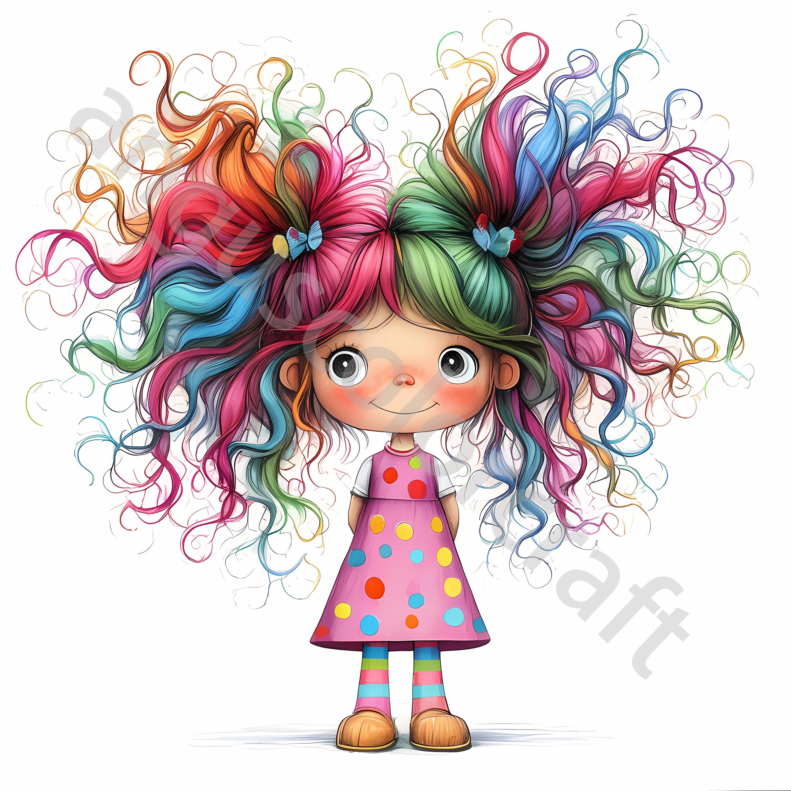 Quirky Little Girl With Frazzled Hair Girl Clip Art: Watercolor Jpgs ...