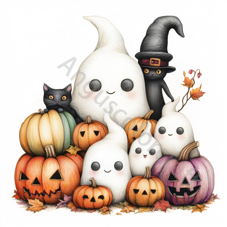 10 JPG Watercolor Halloween Family Ghost Clipart Bundle Cute Ghost Cute ...