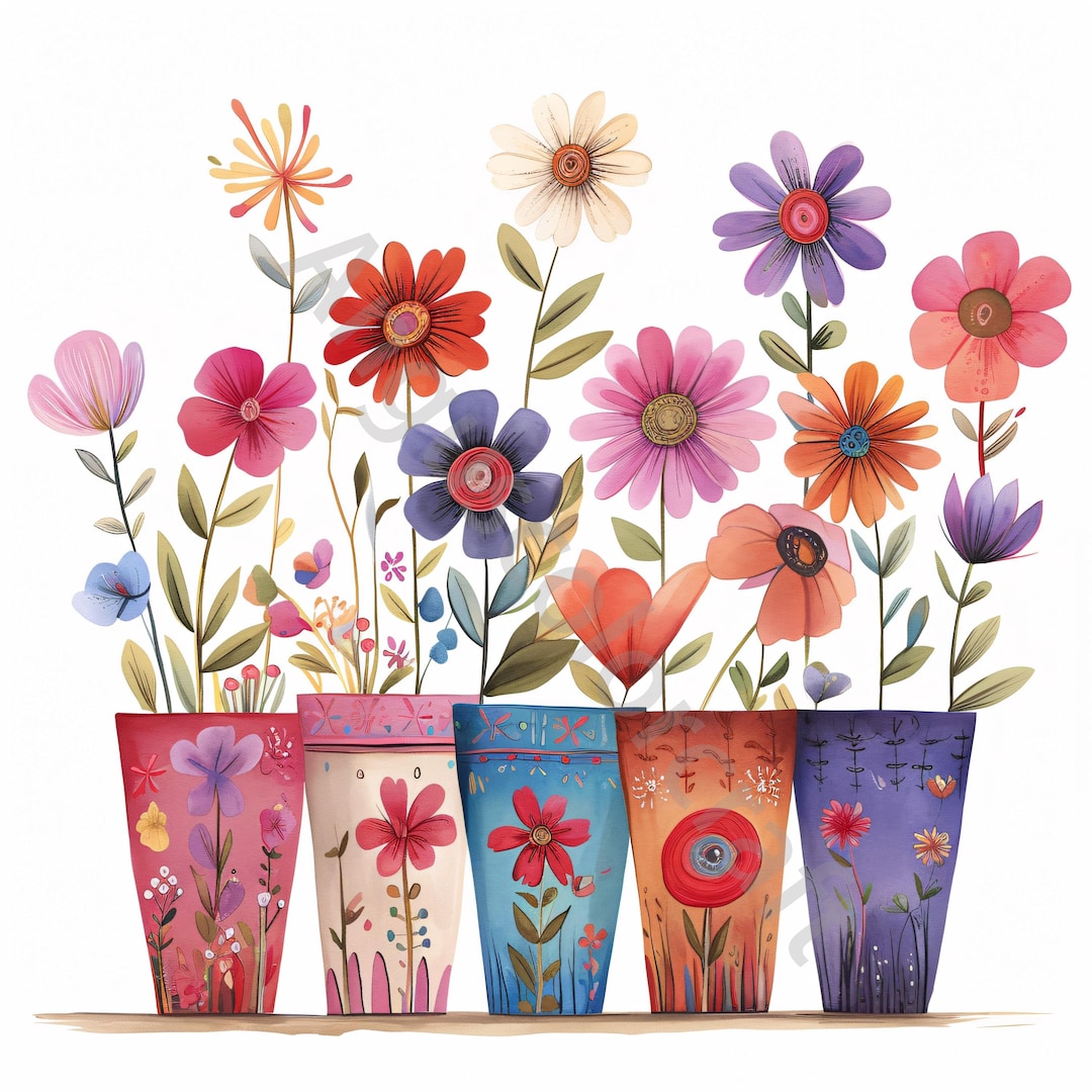 10 Cute Whimsical Flower Clipart, Row of Flowers Clipart, High Res JPG ...