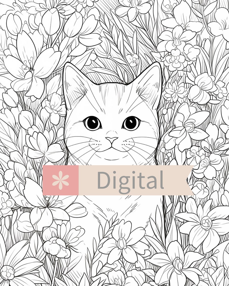 Cute Cat, 6 Coloring Pages, Kitten, Christmas, Flowers, Digital PDF JPG ...