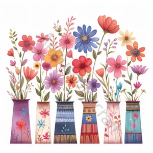10 Cute Whimsical Flower Clipart, Row of Flowers Clipart, High Res JPG ...